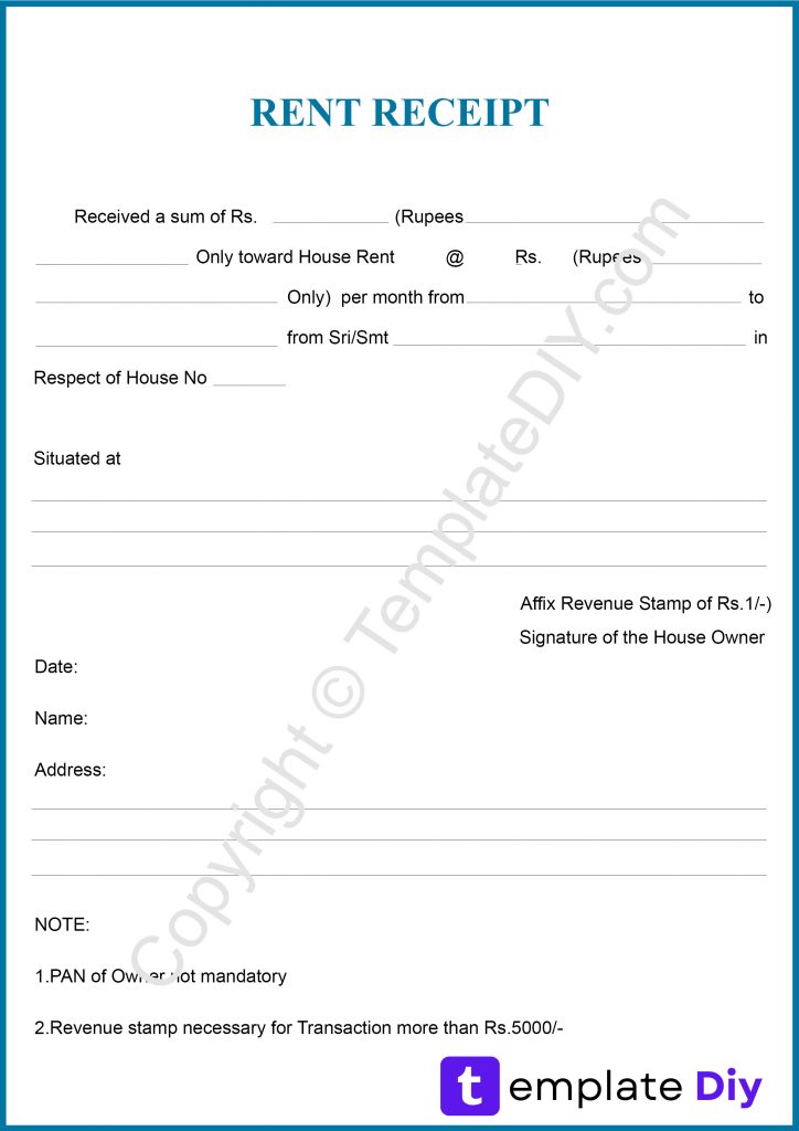 Blank Rent Receipt Template Printable in Pdf, Word, Excel