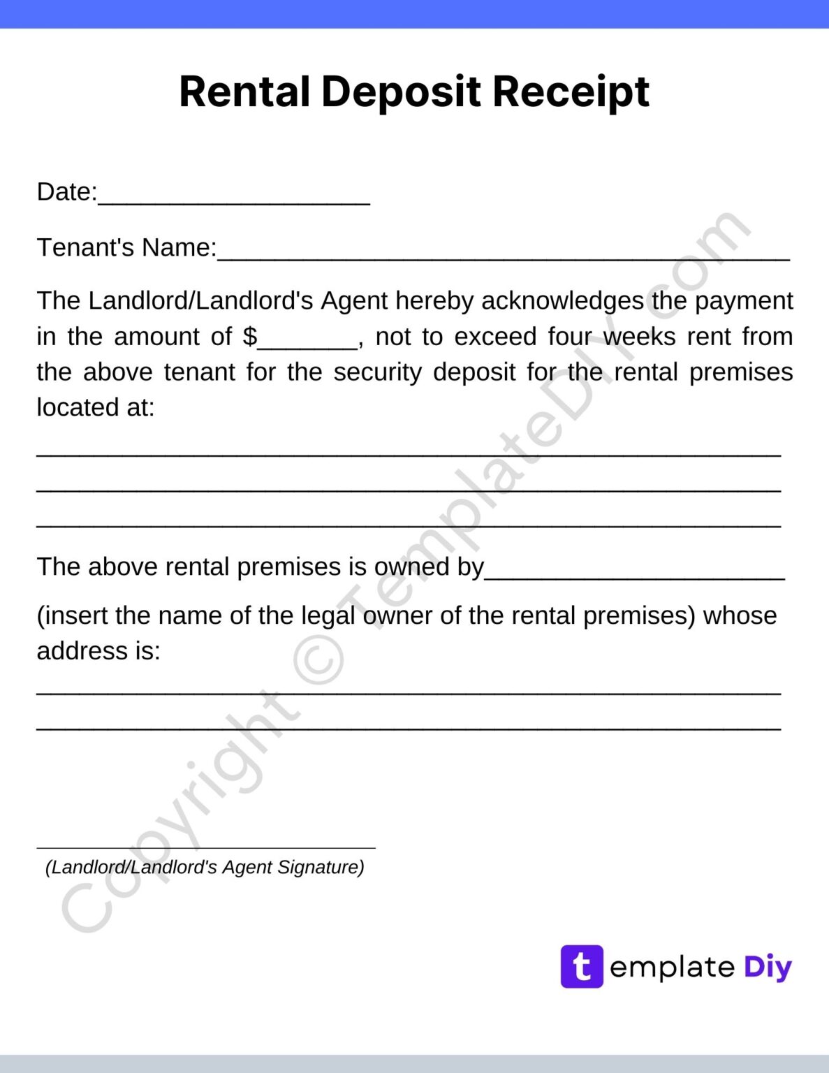 Rental Deposit Receipt Template Printable in Pdf, Word