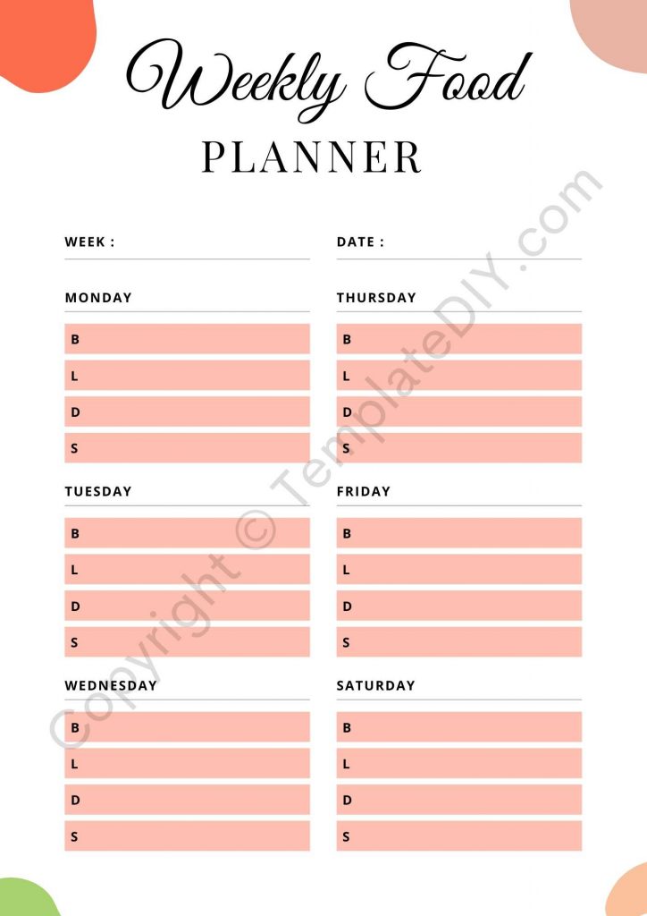 Weekly Food Planner Printable Template PDF, Word, Excel