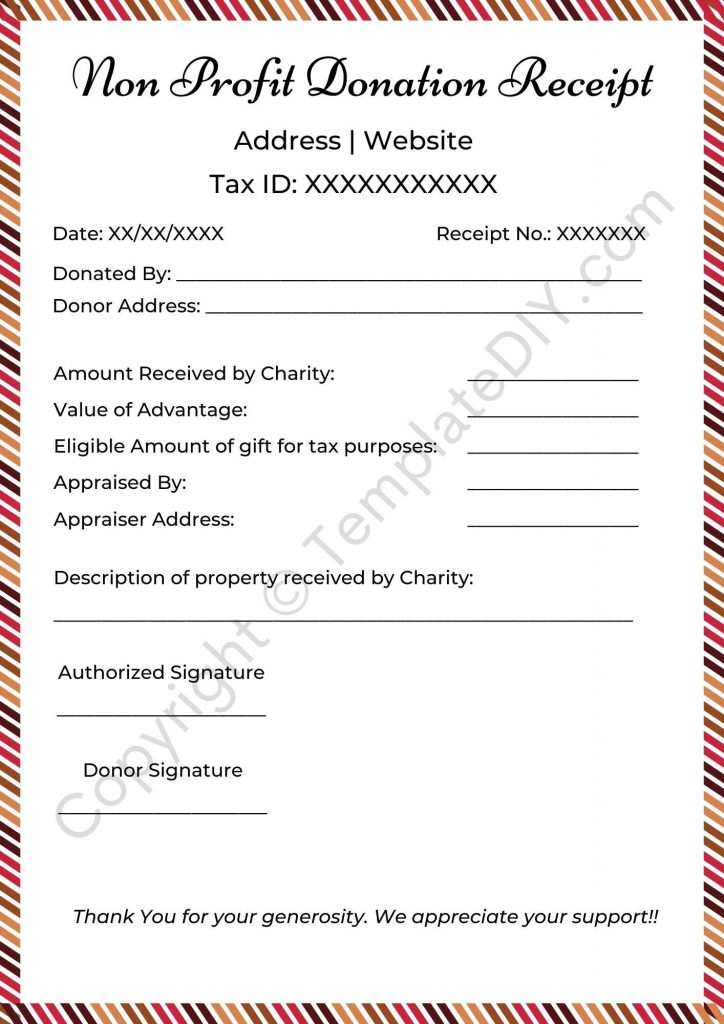 Non Profit Donation Receipt Template Printable in Pdf, Word