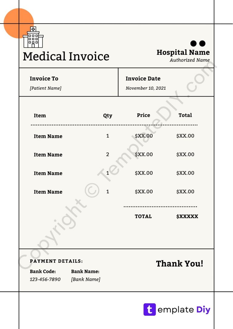 Medical Invoice Template Blank Printable PDF, Excel, Word