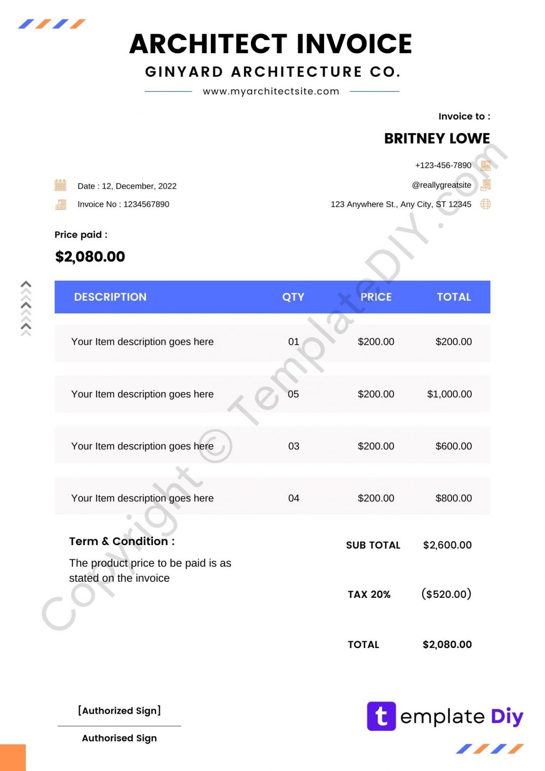 Architect Invoice Template Blank Printable in PDF, Excel, Word