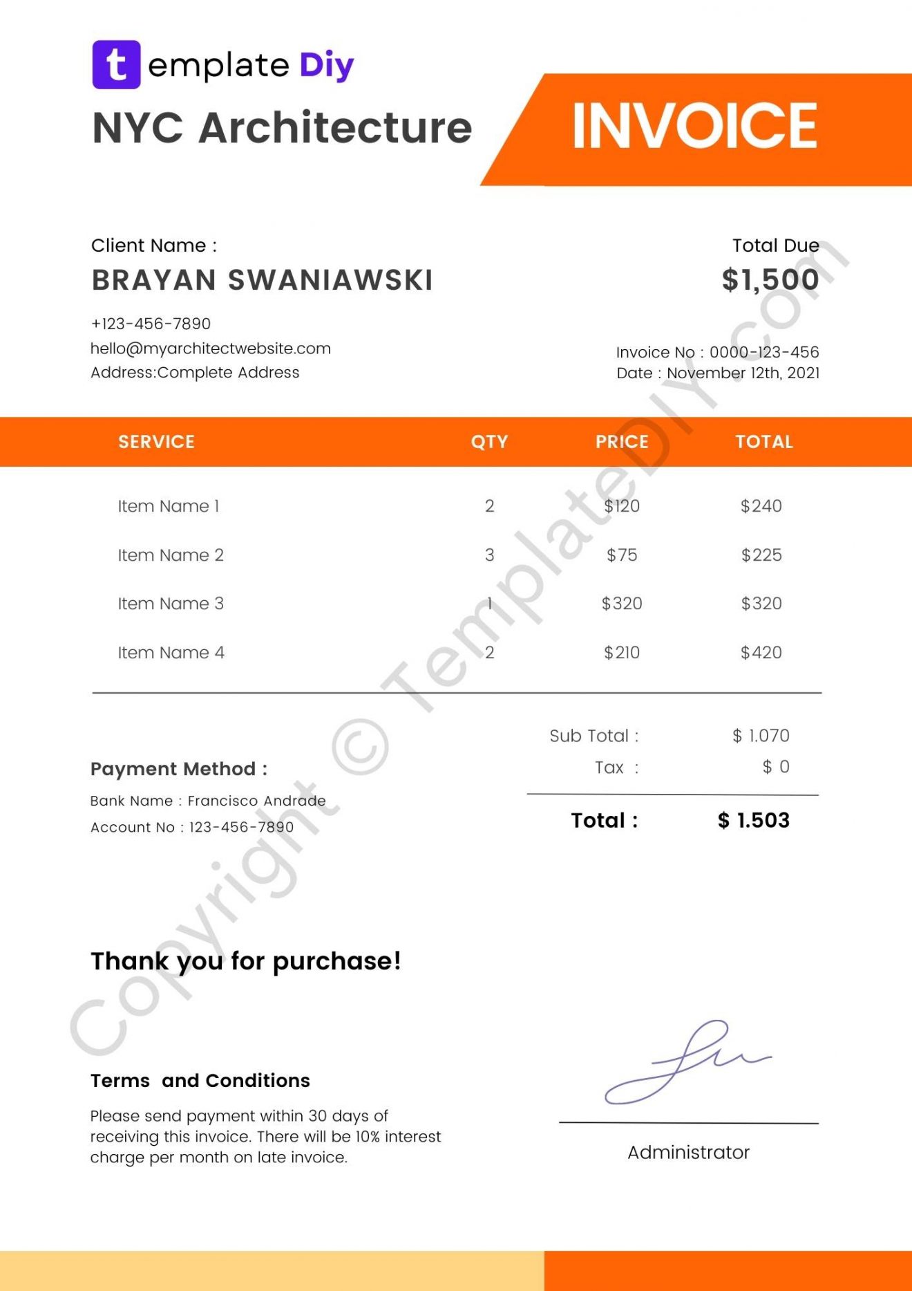 Architect Invoice Template Blank Printable in PDF, Excel, Word