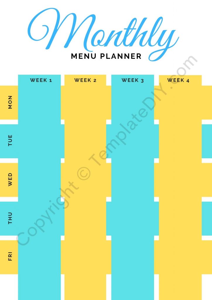 Monthly Menu Planner Printable Template in PDF, Word, Excel