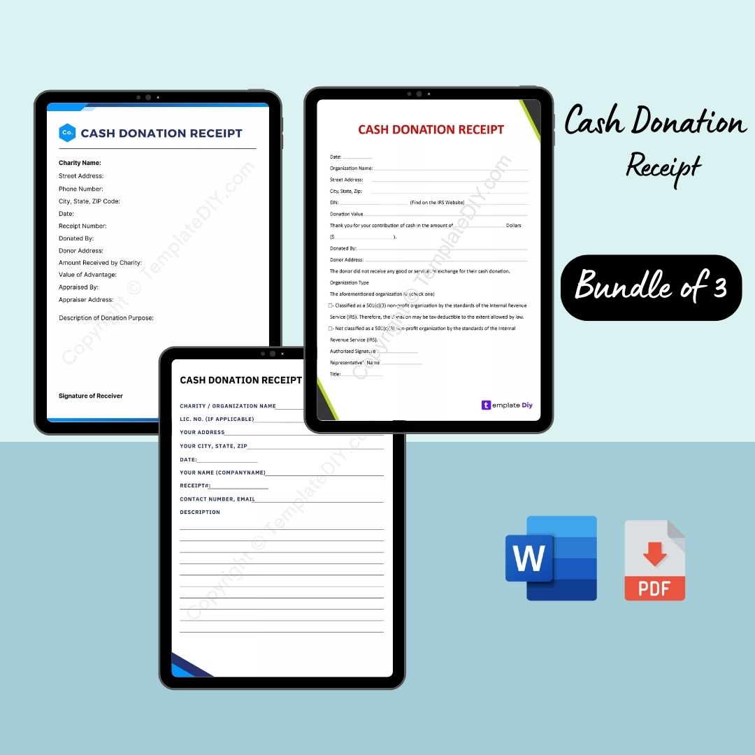 Cash Donation Receipt Template Printable PDF, Word, Excel