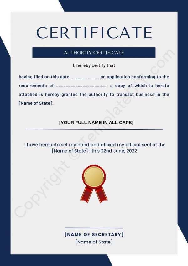 Certificate of Authority Blank Printable Template PDF, Word