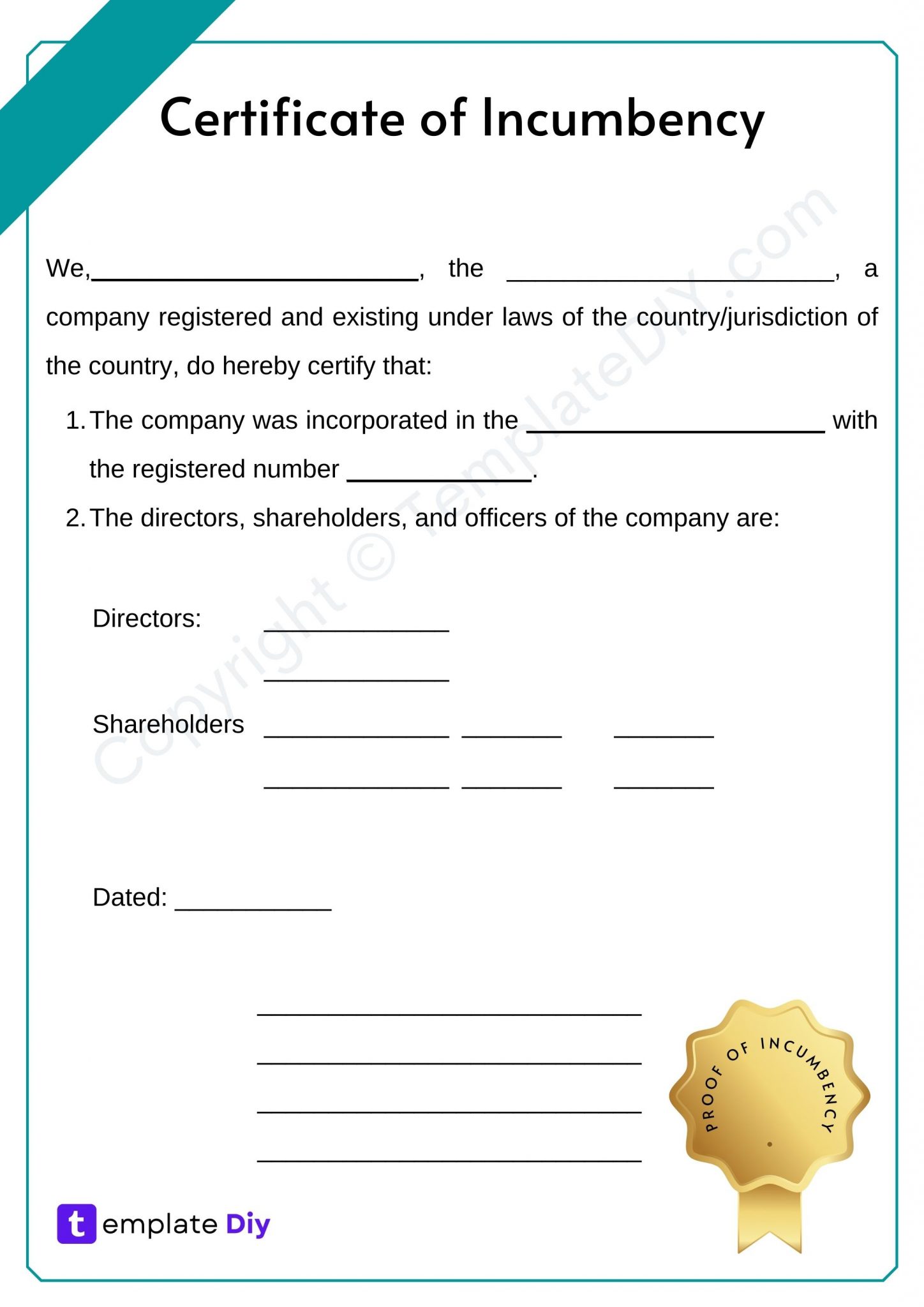 Certificate of Incumbency Template PDF & Word