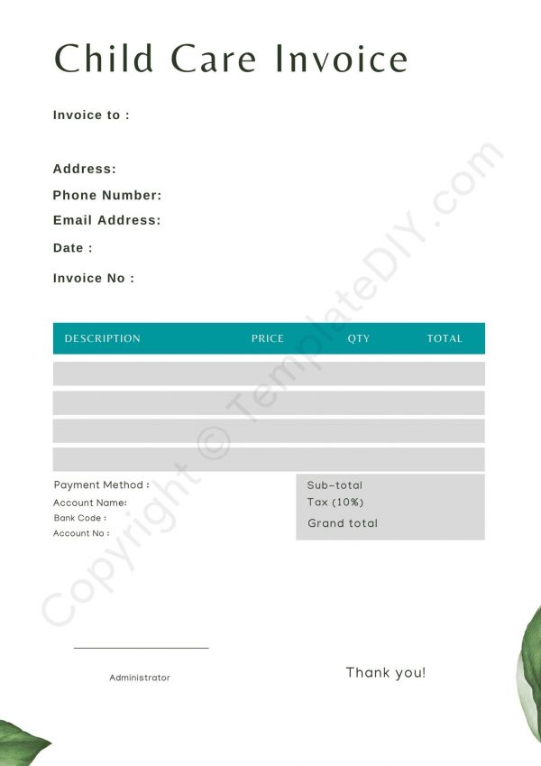 Child Care Service Invoice Template | Editable Format