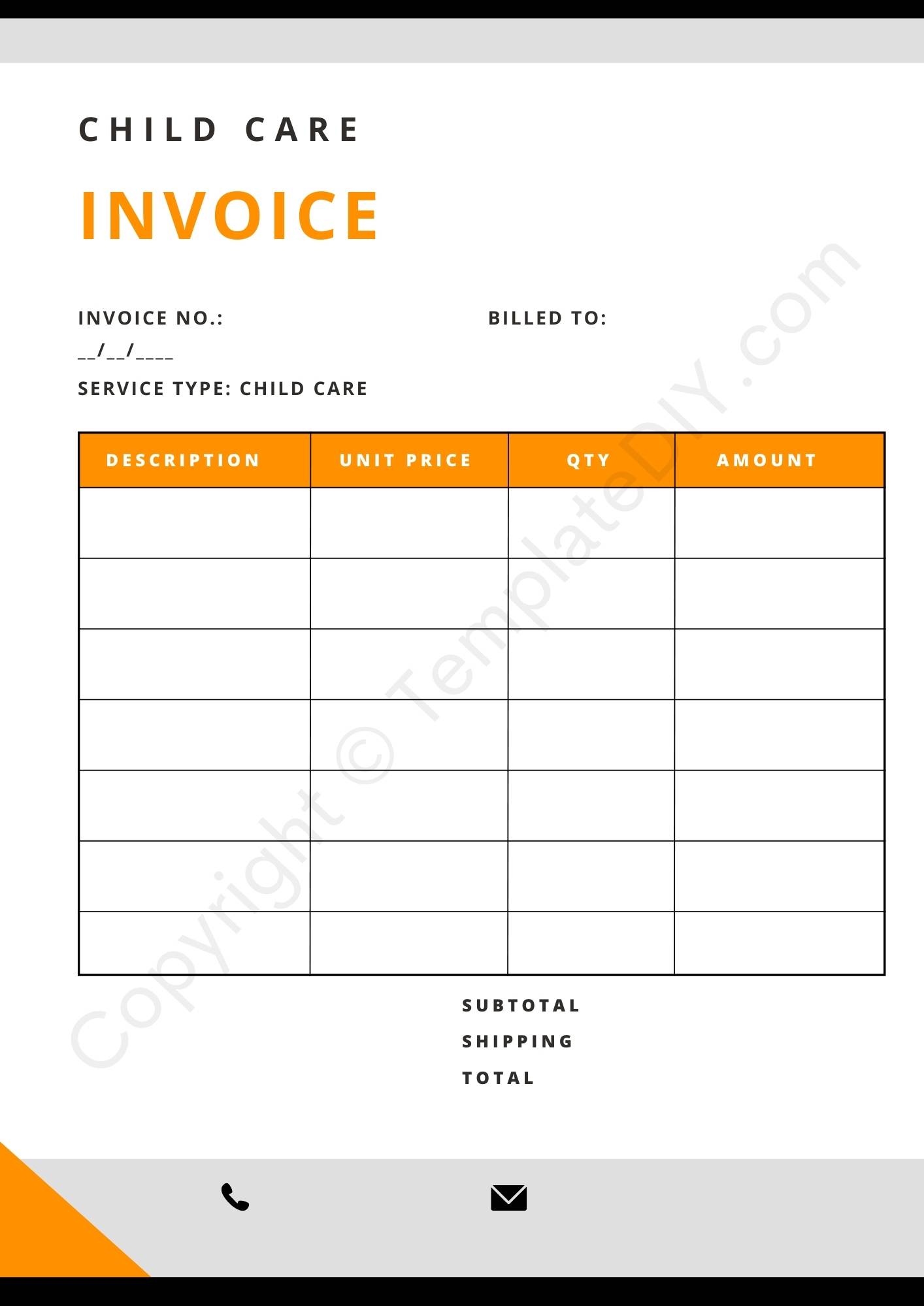 Child Care Service Invoice Template Editable Format