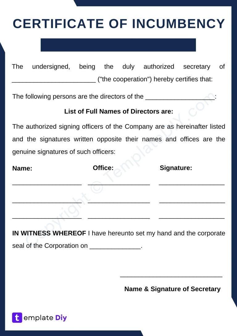 Certificate of Incumbency Template PDF & Word