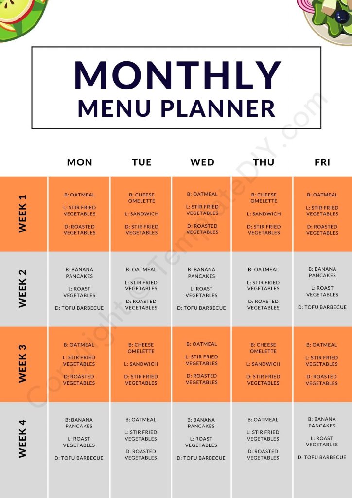 Monthly Menu Planner Printable Template in PDF, Word, Excel