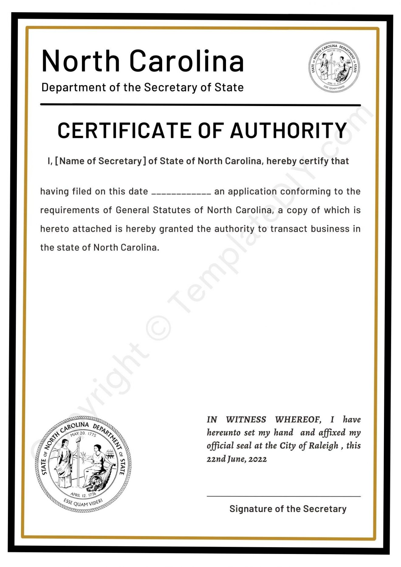 Certificate of Authority Blank Printable Template PDF, Word