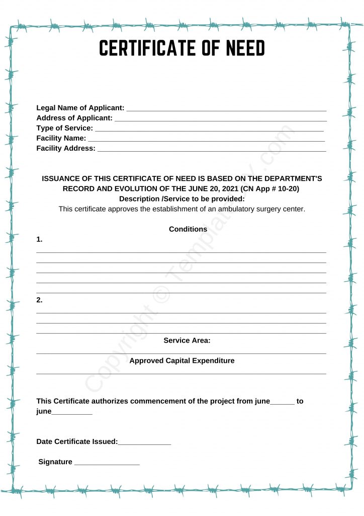 Certificate of Need (CON) Blank Printable Template PDF, Word