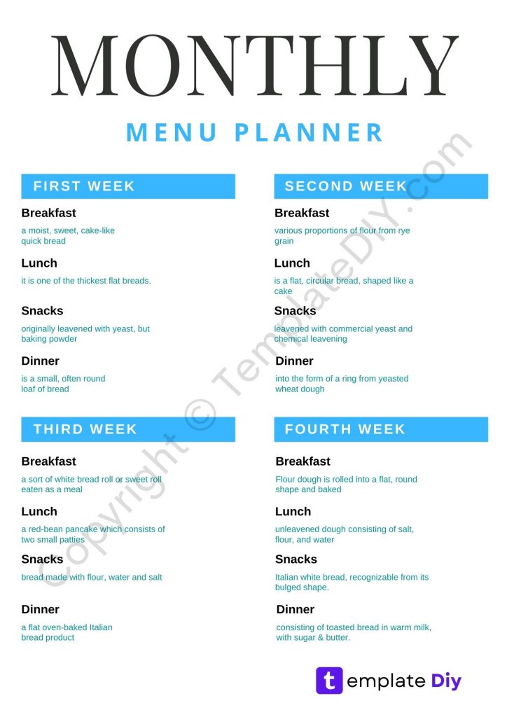 Monthly Menu Planner Printable Template in PDF, Word, Excel