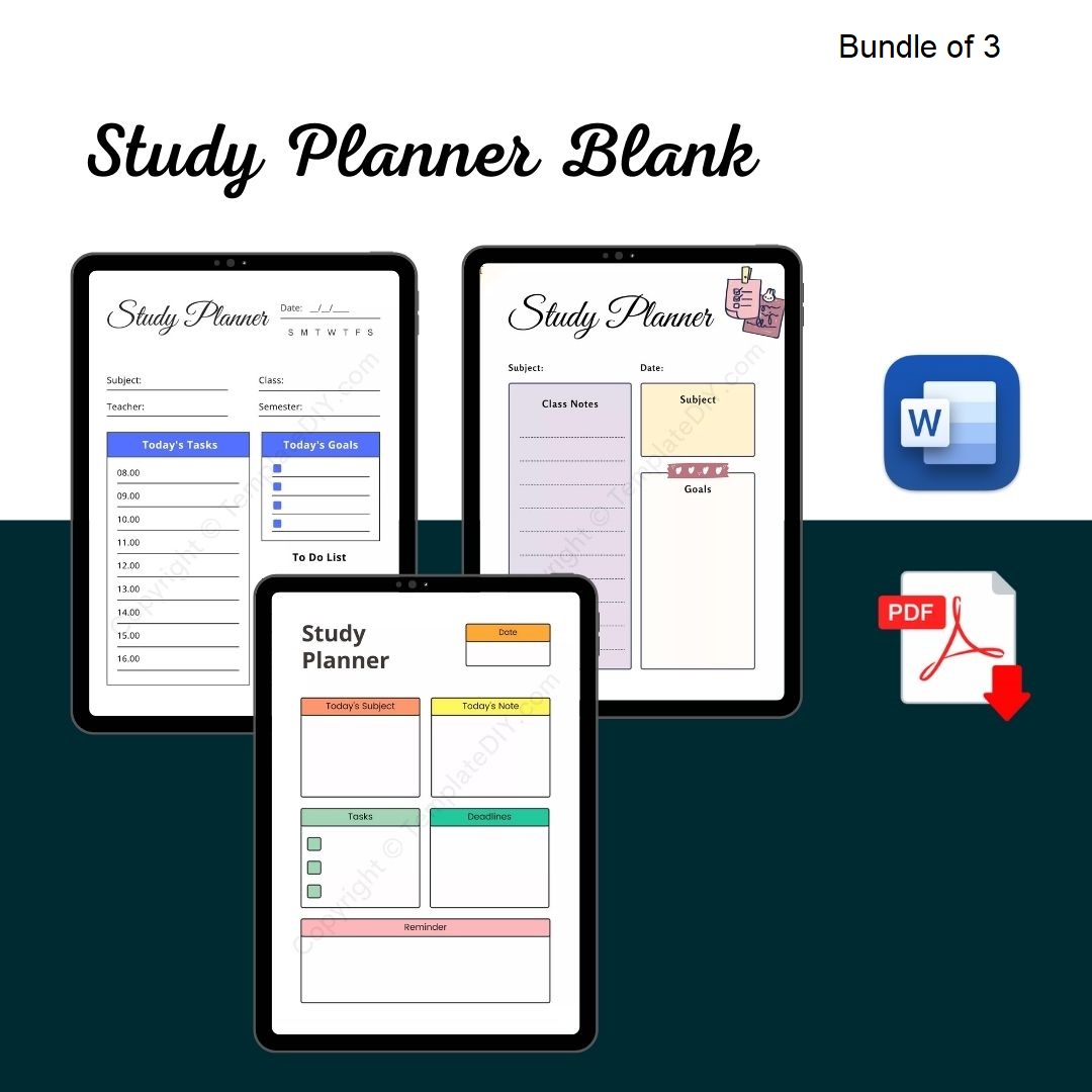 Study Planner Blank Printable Template in PDF, Word, Excel