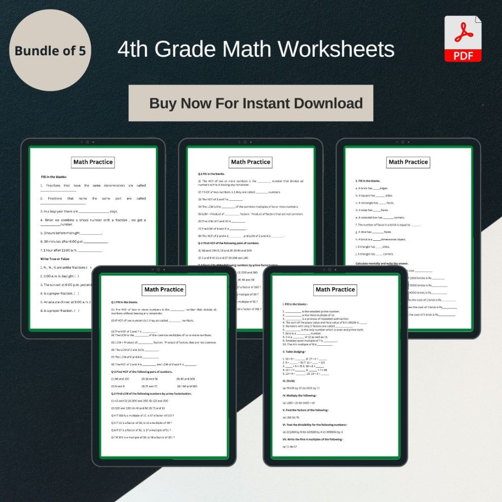 4th Grade Math Worksheets Template Blank Printable PDF