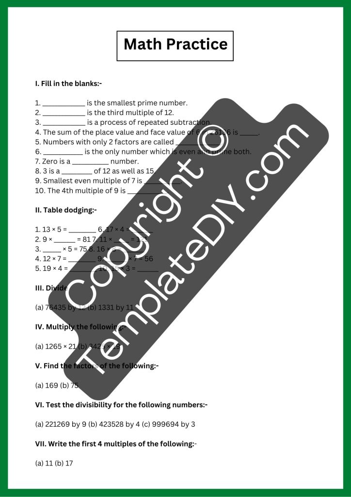4th Grade Math Worksheets Template Blank Printable PDF