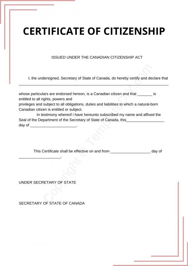 Certificate of Citizenship Template Printable in PDF, Word