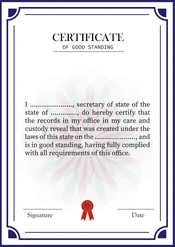 Certificate of Good Standing Template Printable PDF, Word
