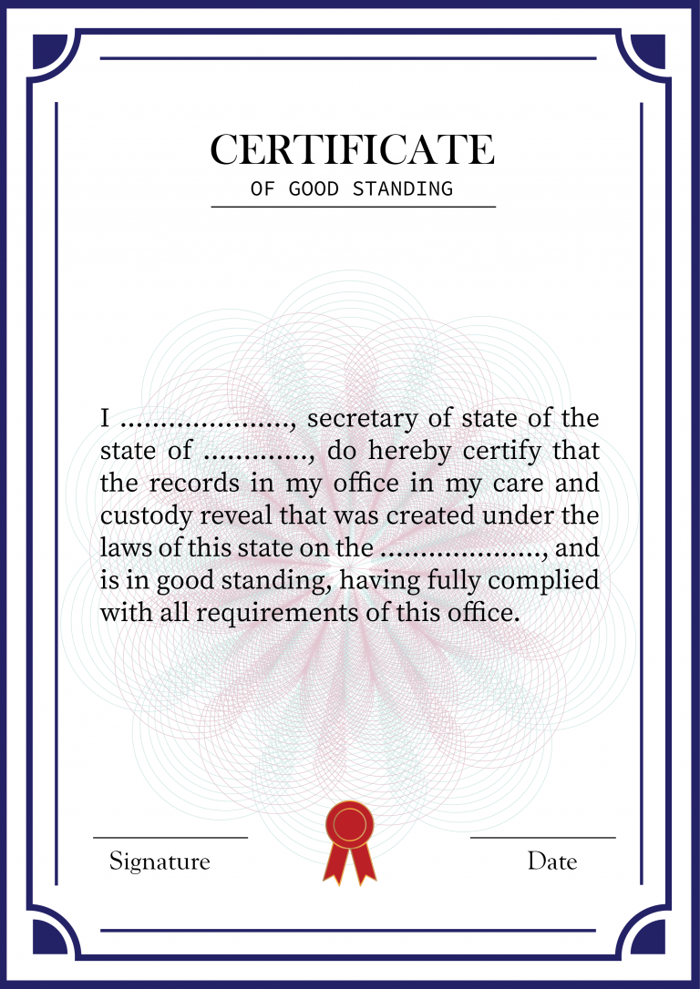 Certificate of Good Standing Template Printable PDF, Word