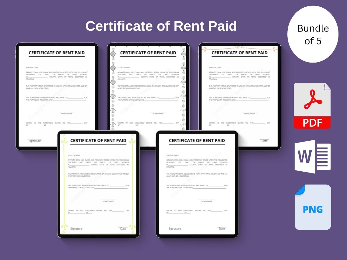 Certificate of Rent Paid Template Printable in PDF, Word
