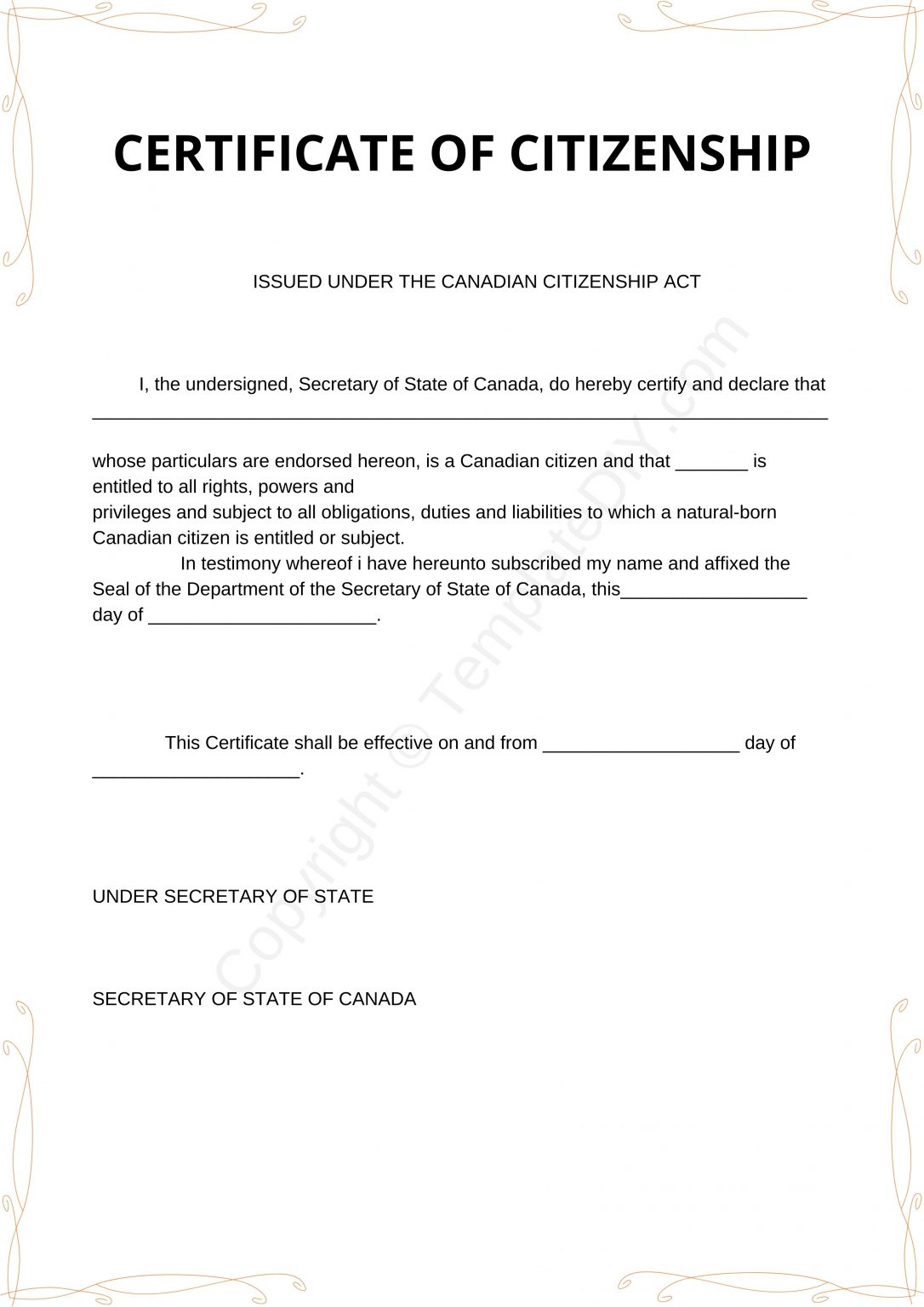 Certificate of Citizenship Template Printable in PDF, Word