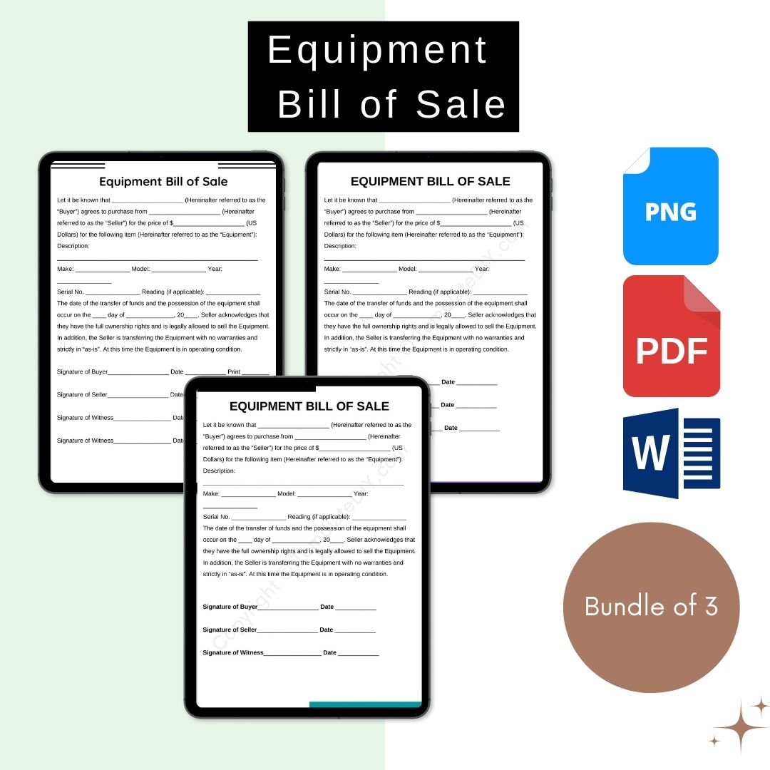 Equipment Bill of Sale Blank Printable Form Template PDF
