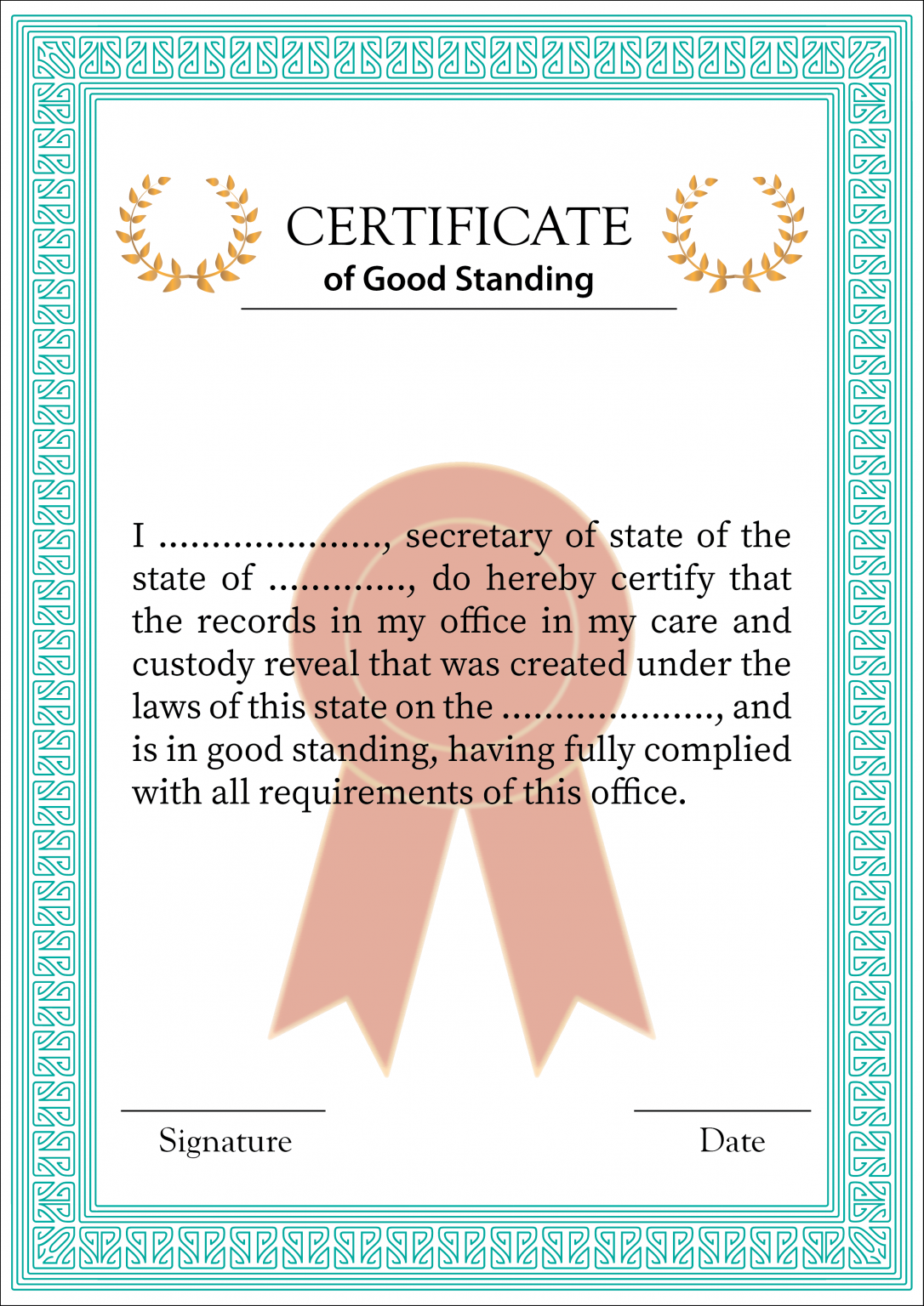 Certificate of Good Standing Template Printable PDF, Word