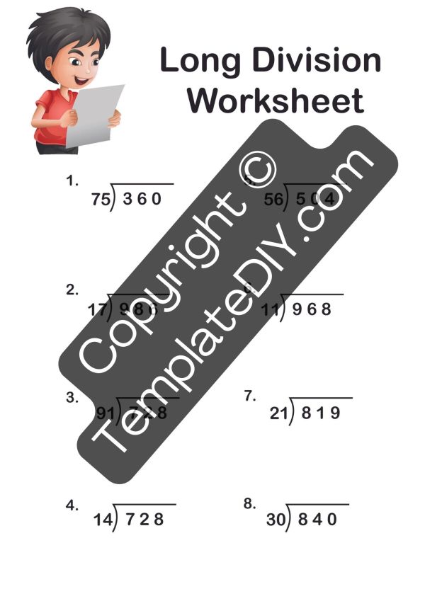 Long Division Worksheet Template Blank Printable PDF, Word