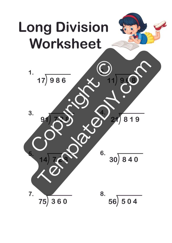 Long Division Worksheet Template Blank Printable PDF, Word