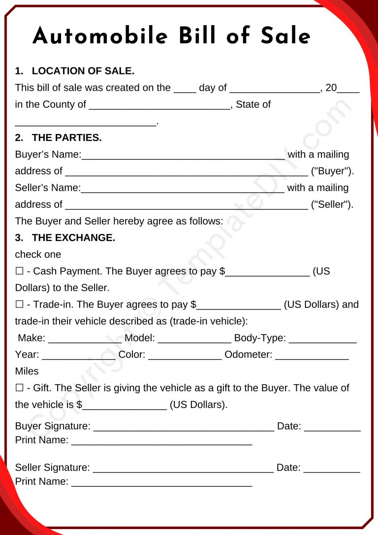 Automobile Bill of Sale Blank Printable Form Template PDF