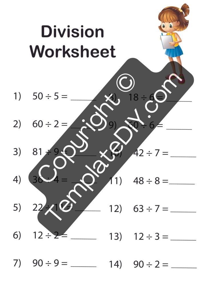 Division Worksheets Template Printable in PDF, Word