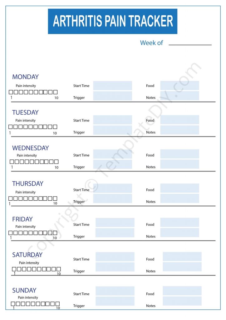 Arthritis Pain Tracker Template Blank Printable PDF, Word