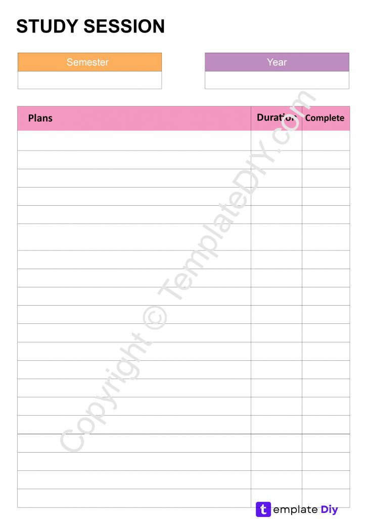 Daily Study Session Planner Template Printable PDF, Word