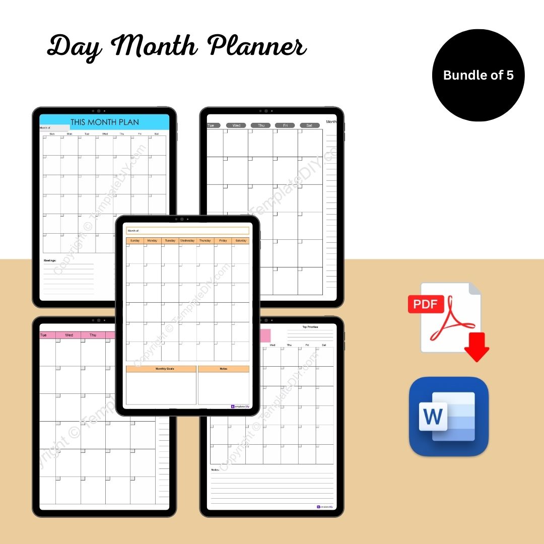 Day Month Planner Template Blank Printable PDF, Word, Excel