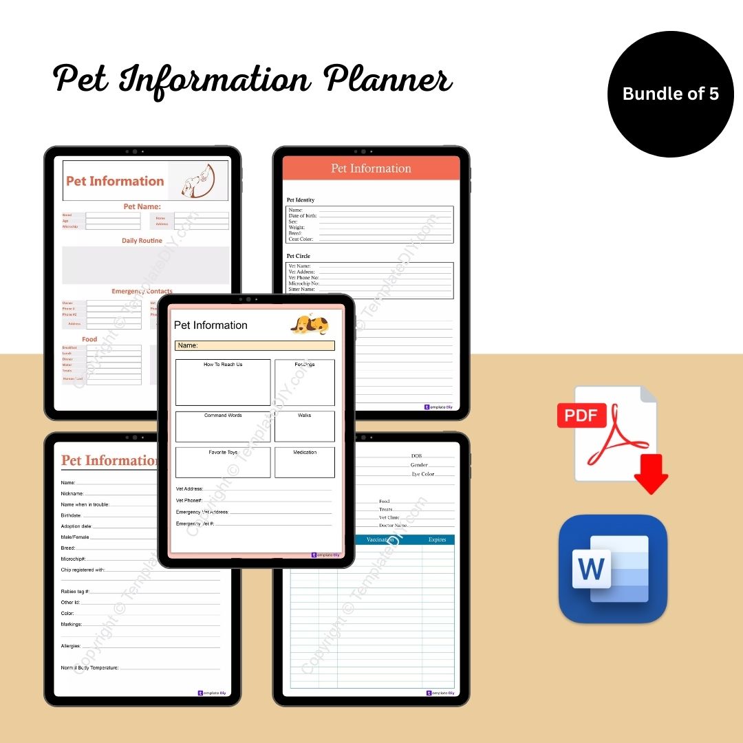 Pet Information Planner Template Printable PDF, Word