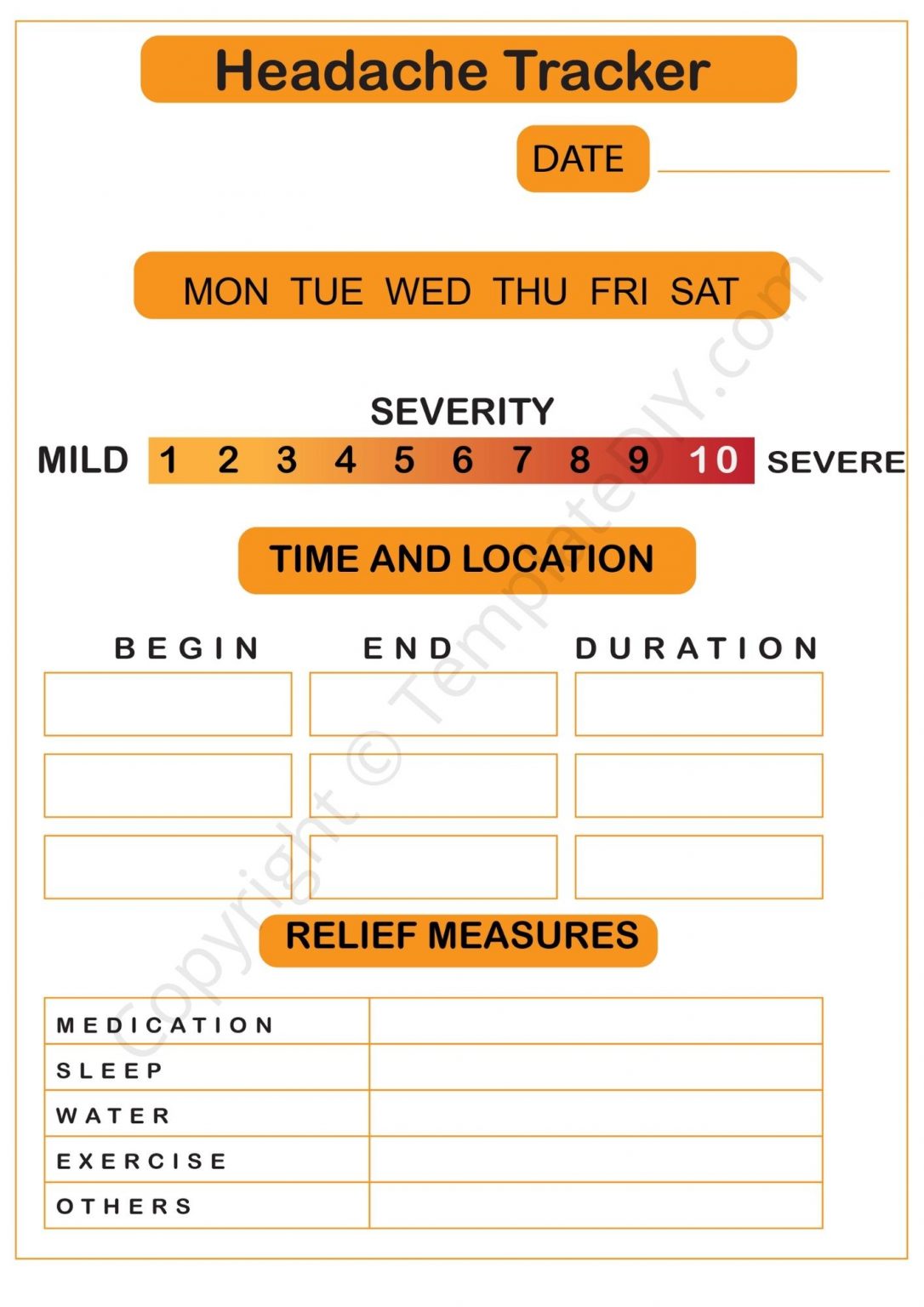 Headache Tracker Template Blank Printable PDF, Word