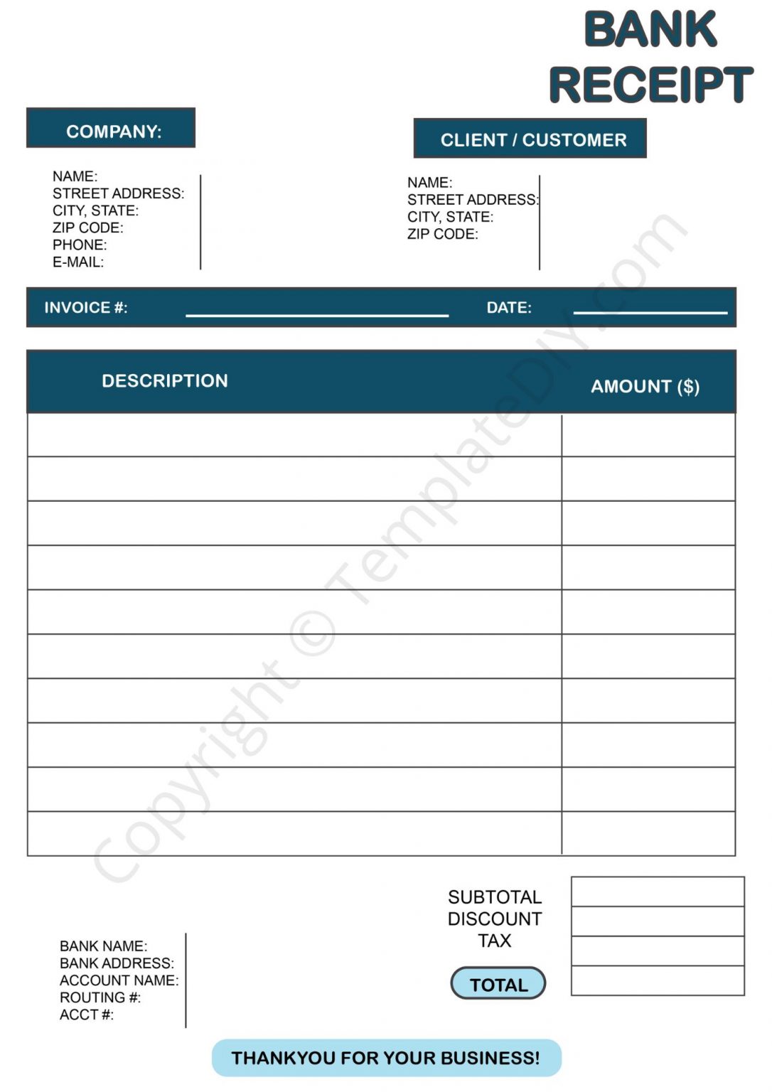 Bank Receipt Template Blank Printable Pdf, Excel, Word