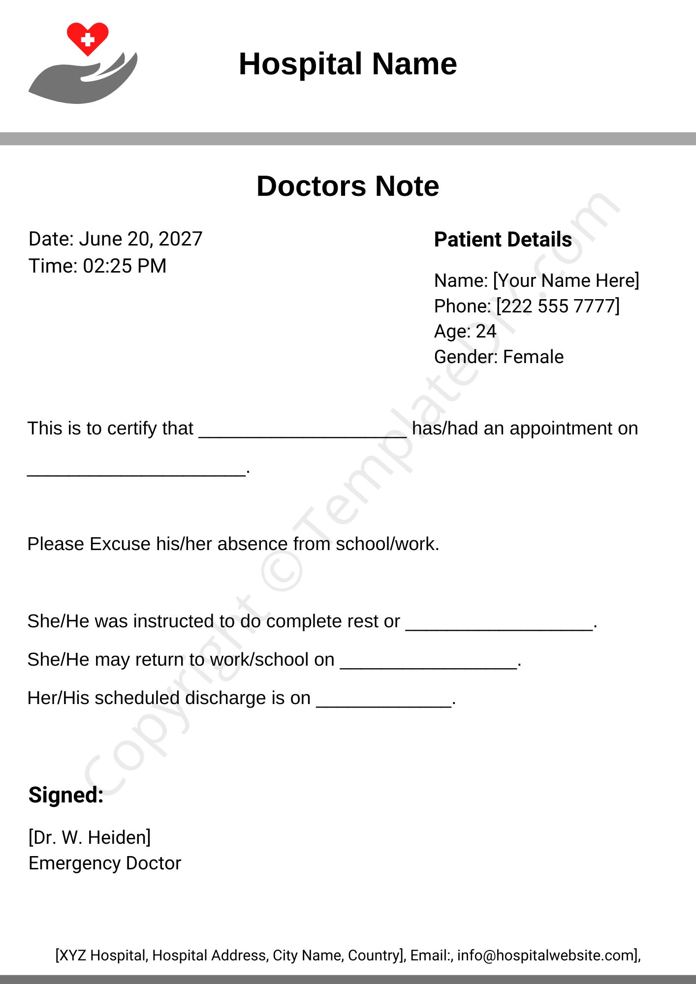 Free Doctors Note For Work Template Content Calendar Template