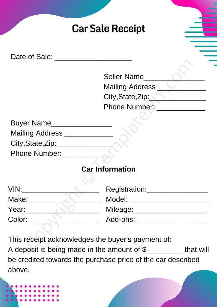 Car Sale Receipt Template Blank Printable PDF, Excel, Word