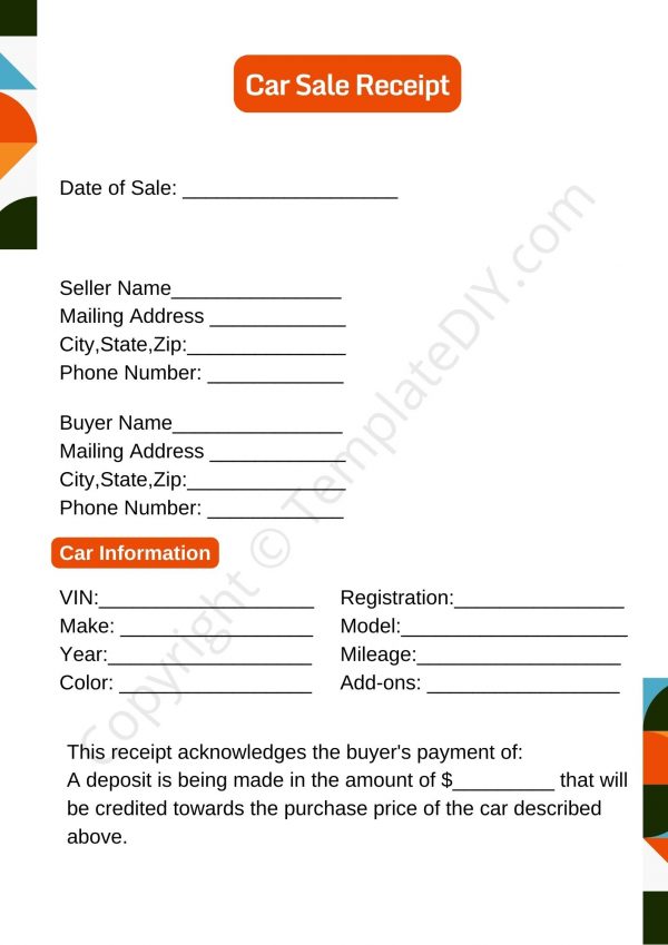 Car Sale Receipt Template Blank Printable PDF, Excel, Word