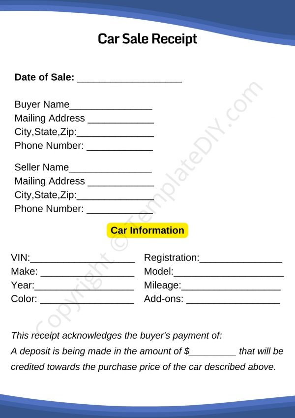 Car Sale Receipt Template Blank Printable PDF, Excel, Word
