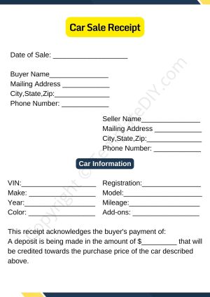 Car Sale Receipt Template Blank Printable PDF, Excel, Word