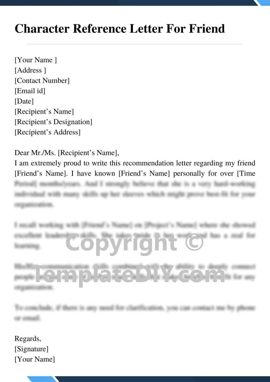 Character Reference Letter for a Friend Sample in PDF, Word