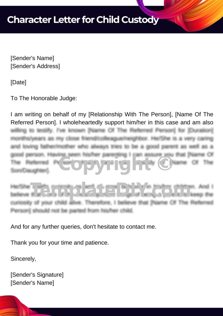 Child Custody Character Letter Template PDF & Word