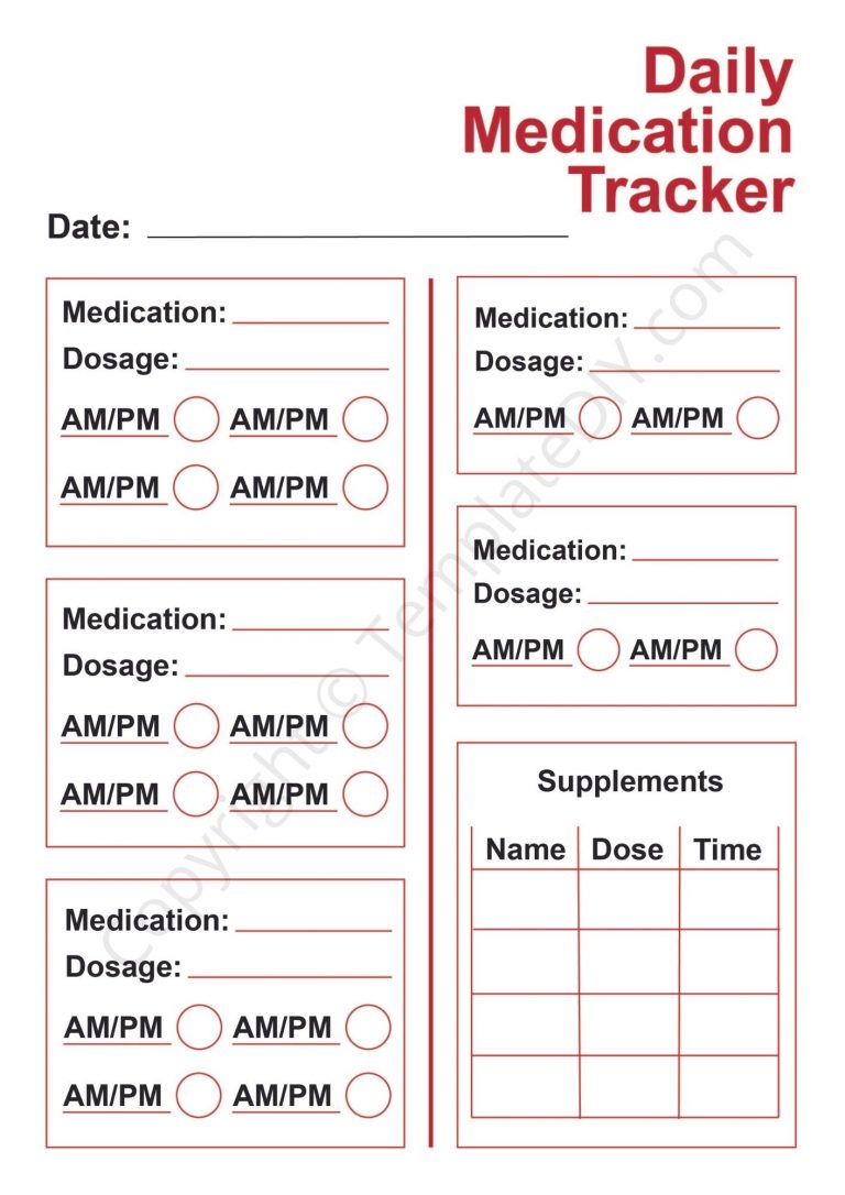 Daily Medication Tracker Template Blank Printable PDF, Word