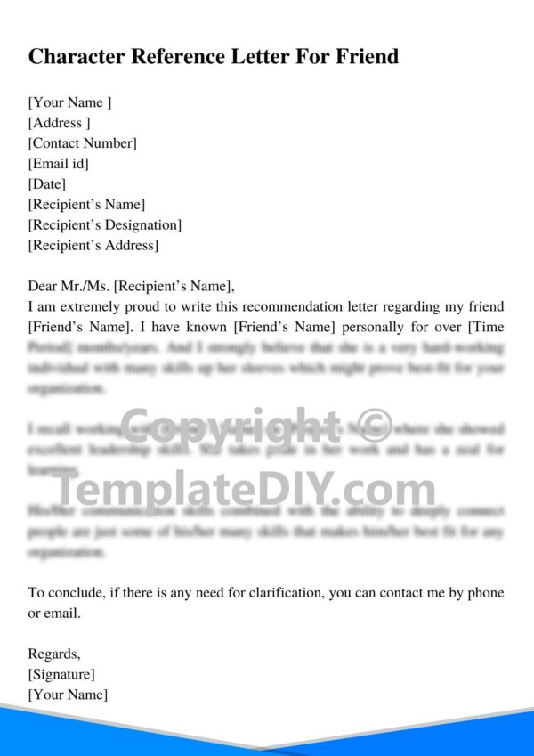 Character Reference Letter for a Friend Sample in PDF, Word