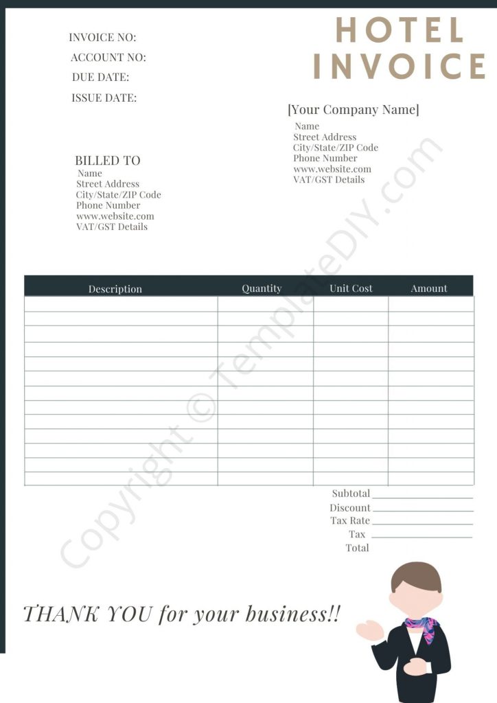 Hotel Invoice Template Blank Printable PDF, Excel, Word