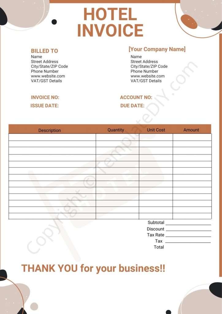 Hotel Invoice Template Blank Printable PDF, Excel, Word