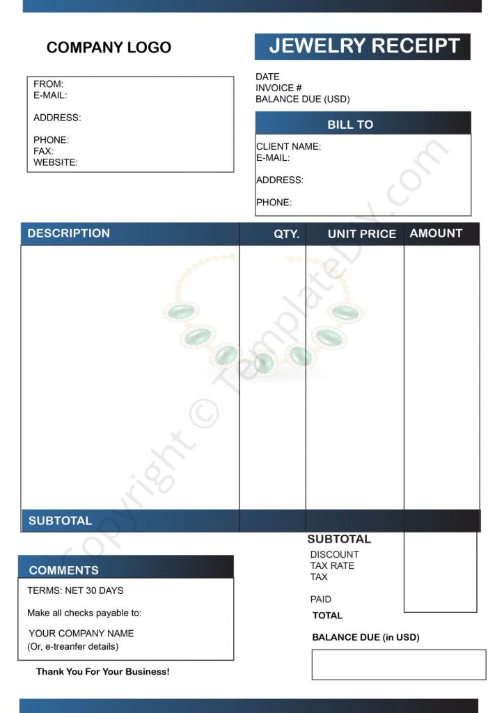 Jewelry Receipt Template Blank Printable Pdf, Excel, Word